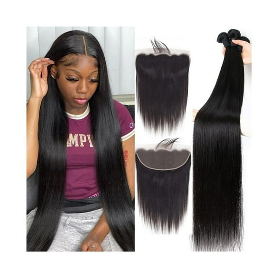 Bundles Human Hair with Frontal Natural Black 3 Bundles Straight ...