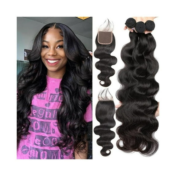 Bundles with Closure 12-30Inch Body Wave Brazilian Virgin Hair Weave 3 ...