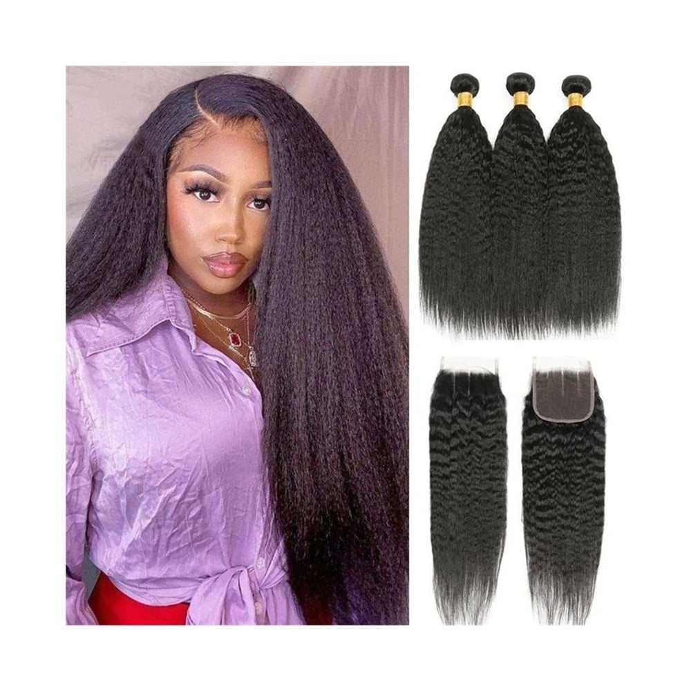 Bundles with Closure, 8-30 Inch Kinky Straight Human Hair Bundles with ...