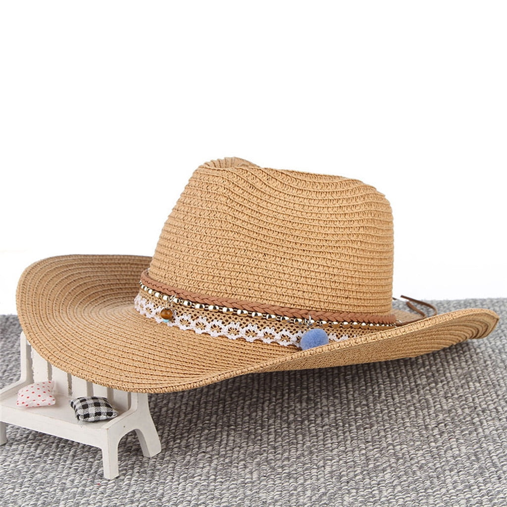 Bunenne Cowboy Hat Sun Hats for Women Straw Hat Belt Cap Wide Riding ...