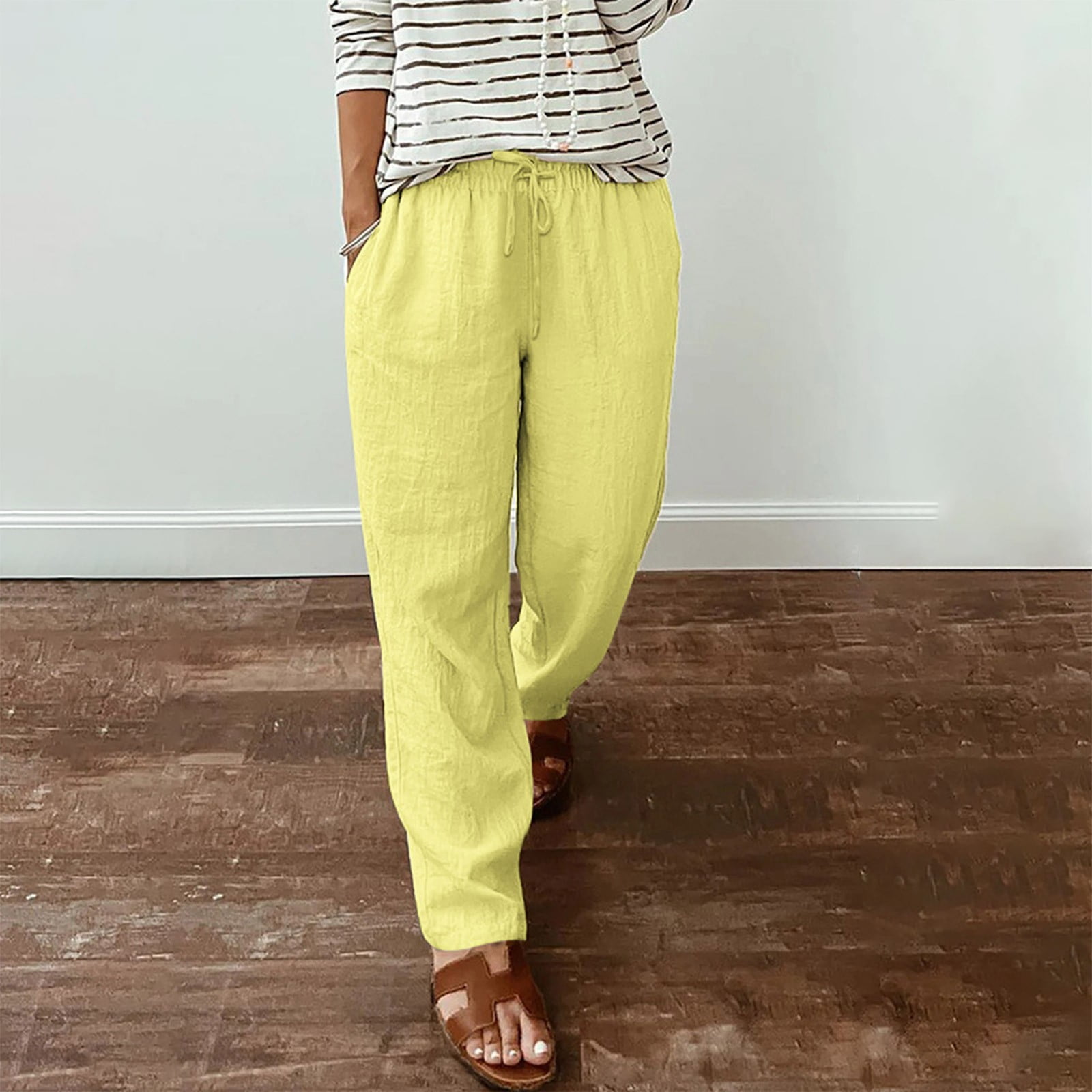 Bunenne Women Linen Pants Pajama Pants Women Cotton Linen Straight Leg ...