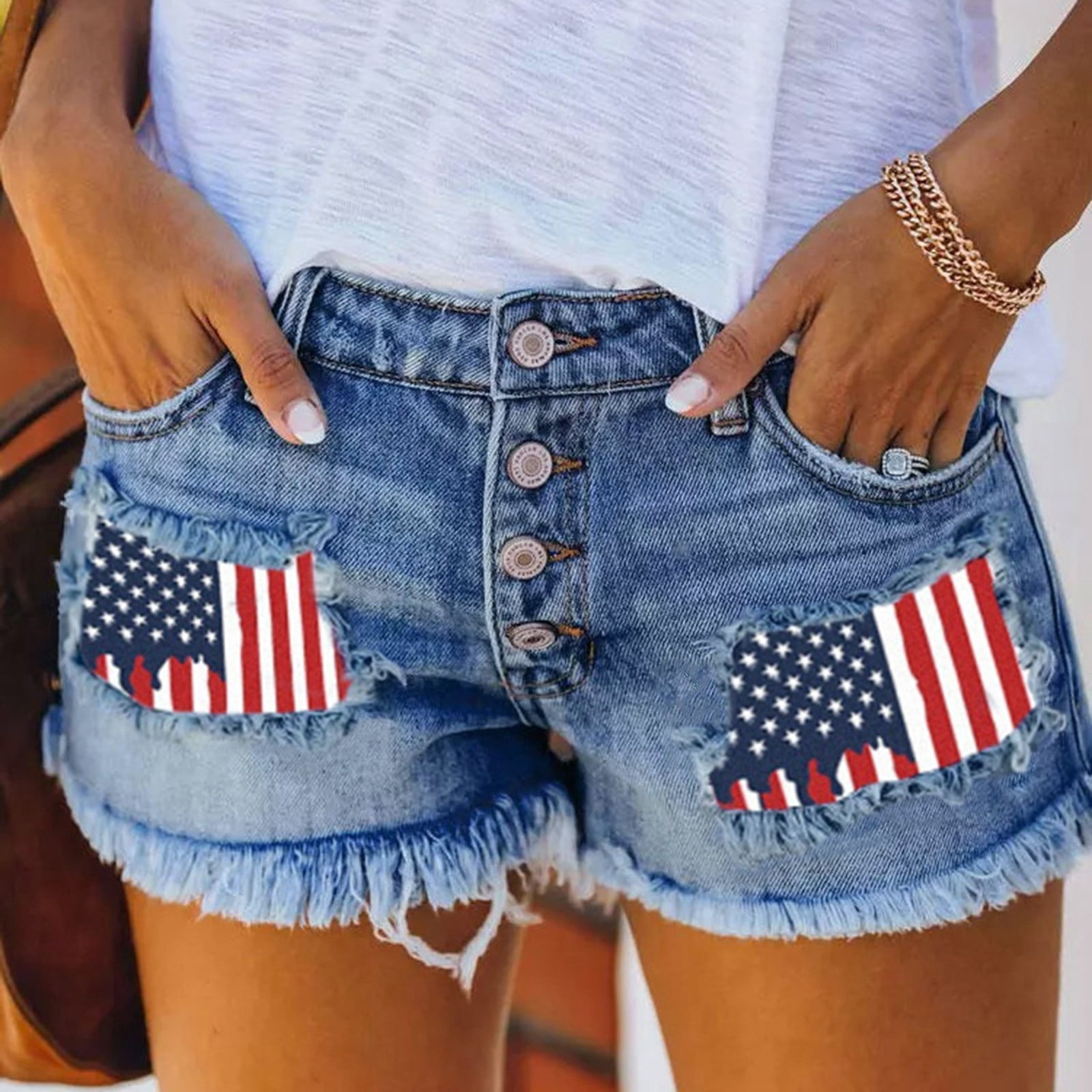 Bunenne Womens Jean Shorts Denim Shorts Women's Ripped American Flag ...