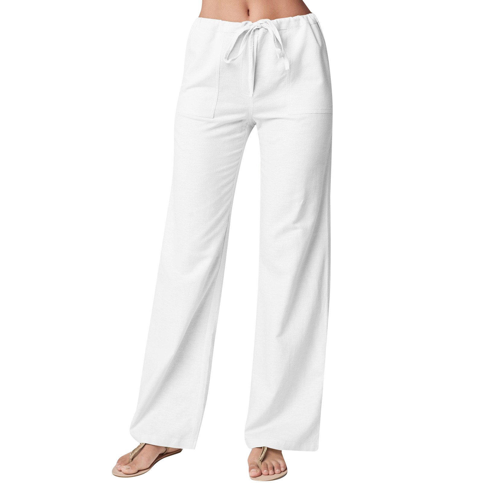 Bunenne Womens Wide Leg Pants Linen Beach Pants Women Solid Color Loose ...