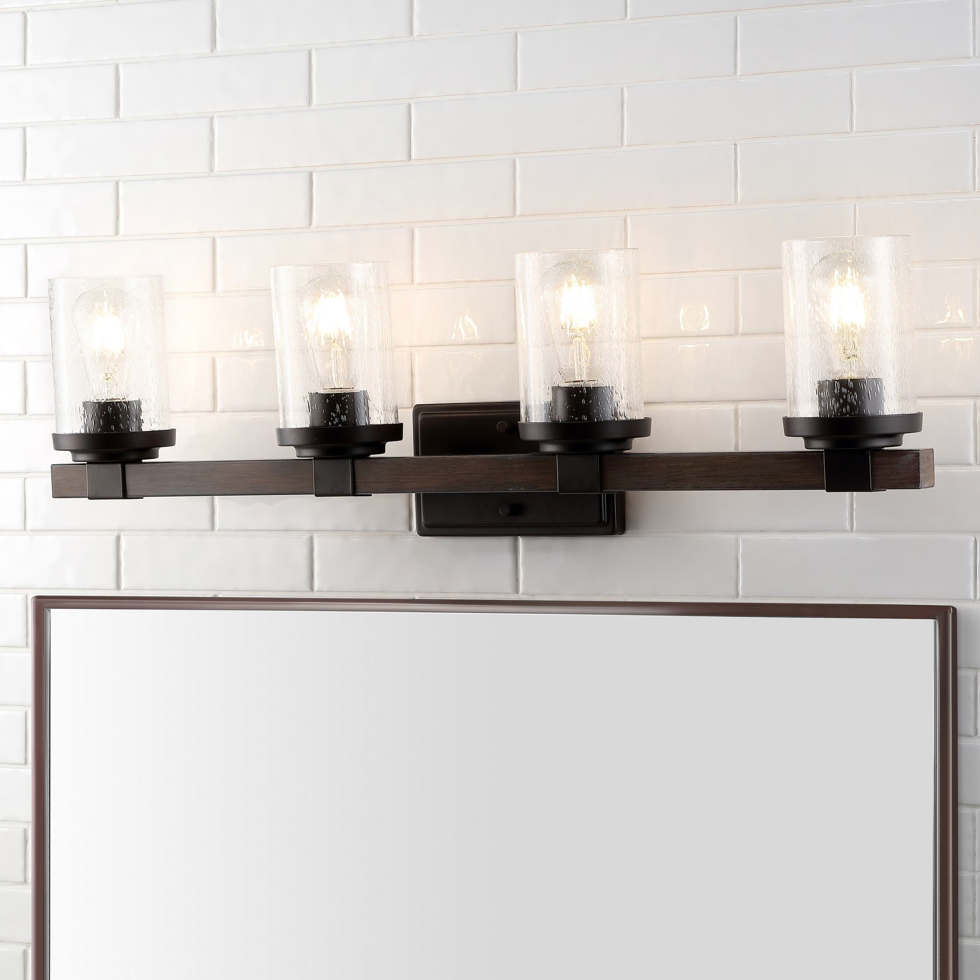 JONATHAN Y Bungalow 32" 4-Light Iron/Seeded Glass Rustic Farmhouse LED ...