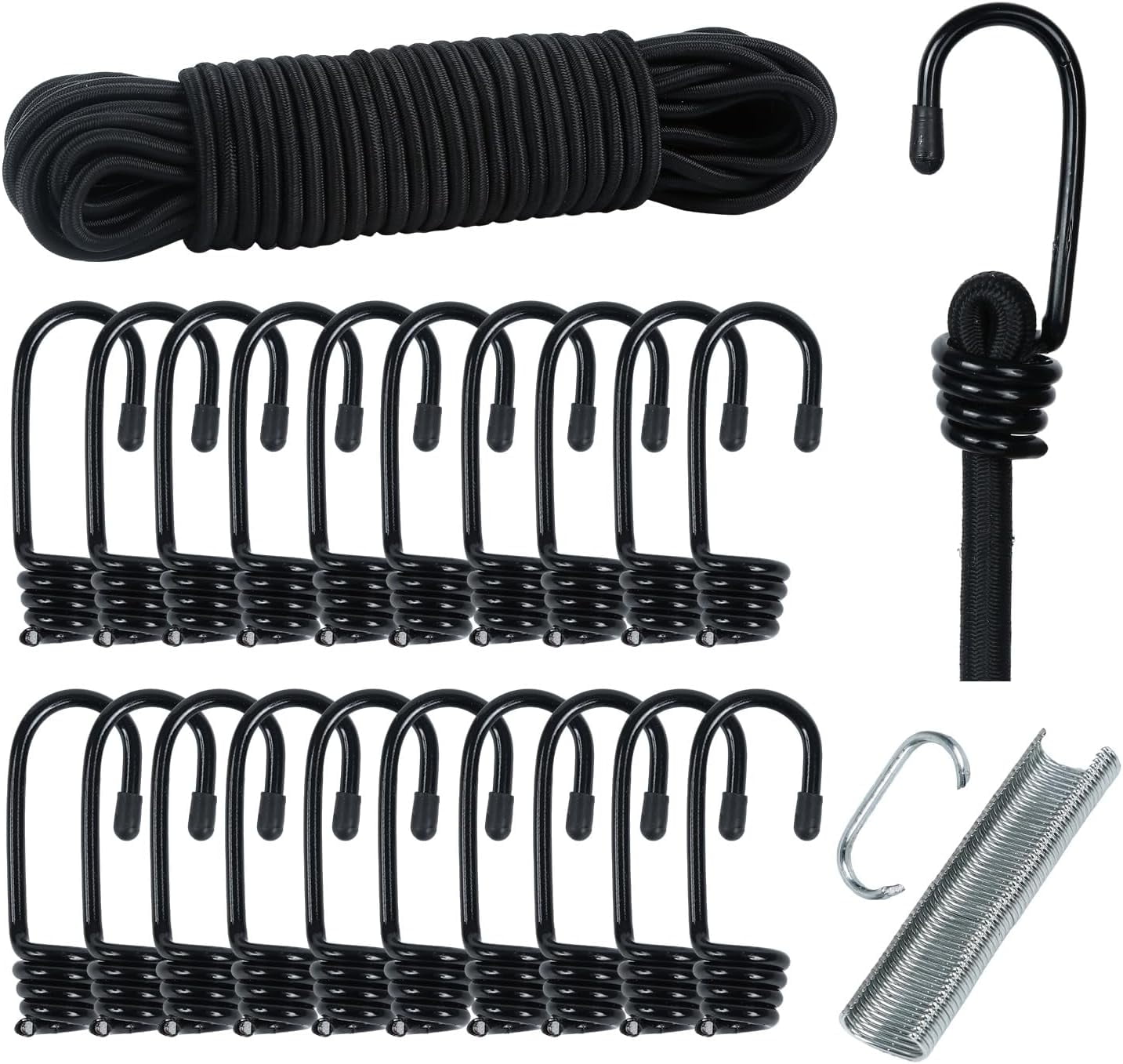 Bungee Cord Hook Kit - 5/16" x 66ft Rope, 20 Metal Hooks, 50 Hog Rings ...