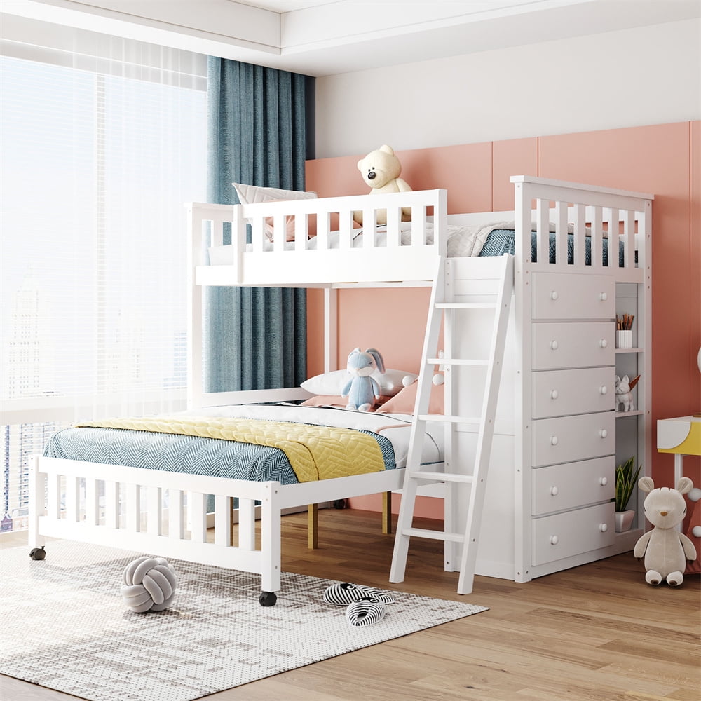 Bunk Bed with 6 Drawers and 3 Adjustable Shelves, Solid Wood Twin Over ...
