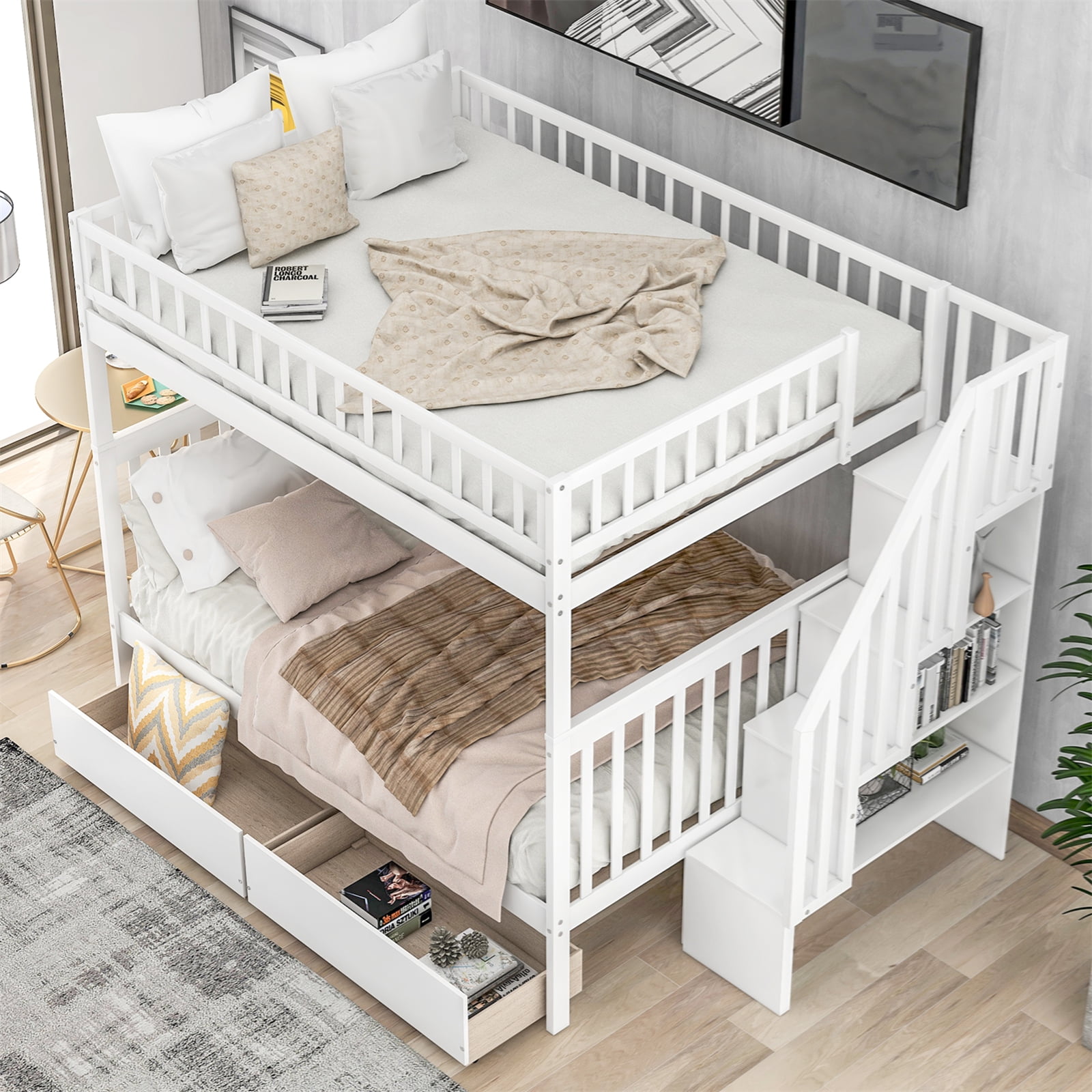 Bunk Bed, Bunk Beds Full Over Full Size with 2 Drawers and Storage, Bed ...
