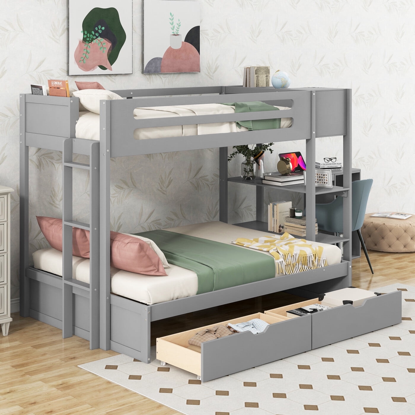 Bunk Bed with Drawers, Shelves, Cabinets, L-shaped Desk and Magazine ...