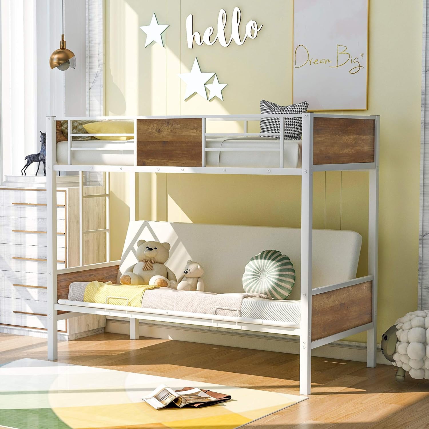 Bunk Bed, Metal Futon Bunk Bed Frame With Guardrails And Ladder, White ...