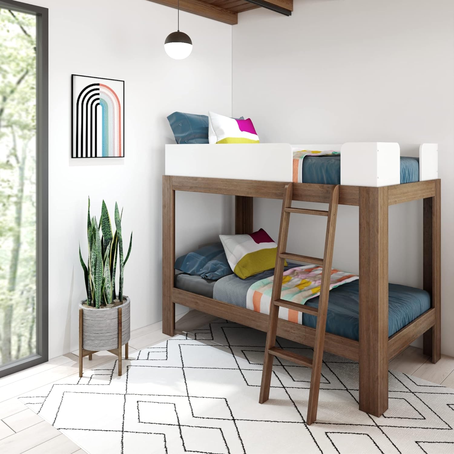 Bunk Bed, Mid-Century Modern Twin Bunk Bed, Solid Wood Twin-Over-Twin ...