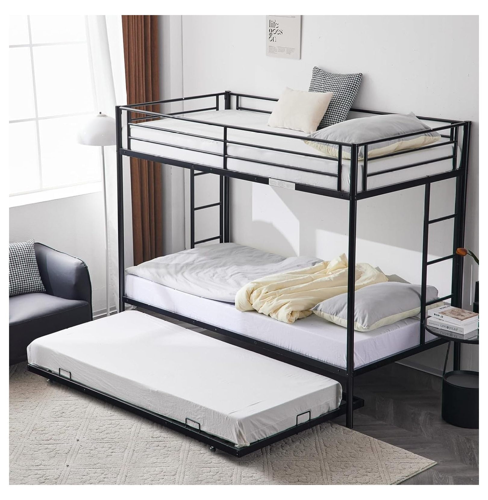 Bunk Bed Over Metal Bunk Bed with Trundle, 3-in-1 Triple Bunk Beds for ...