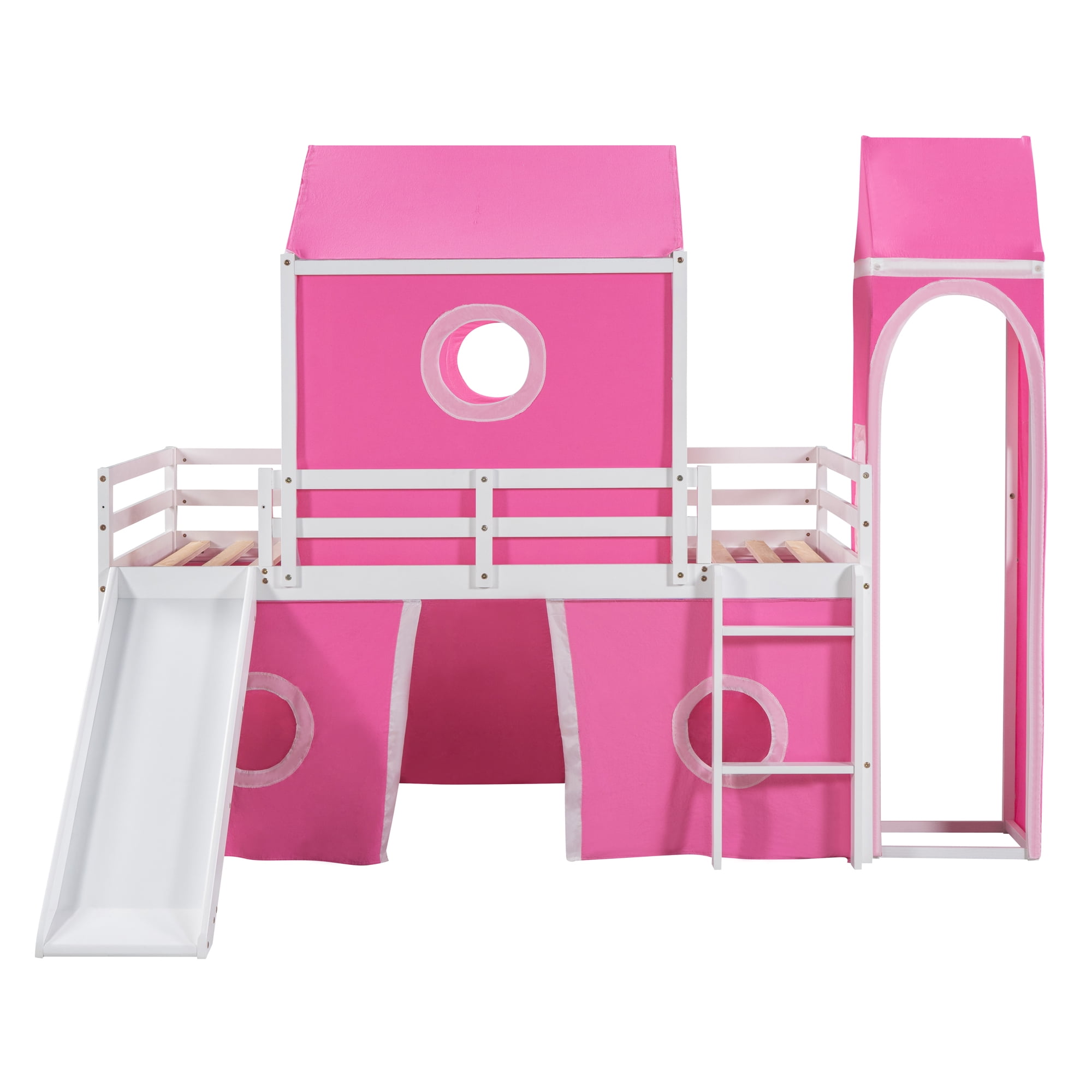 Bunk Bed with Slide & Curtains and Tower,Twin Size/Full Size Loft Bed ...