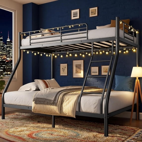 Bunk Bed Twin Over Full Size, Metal Bunk Bedframe with Safety Guard ...