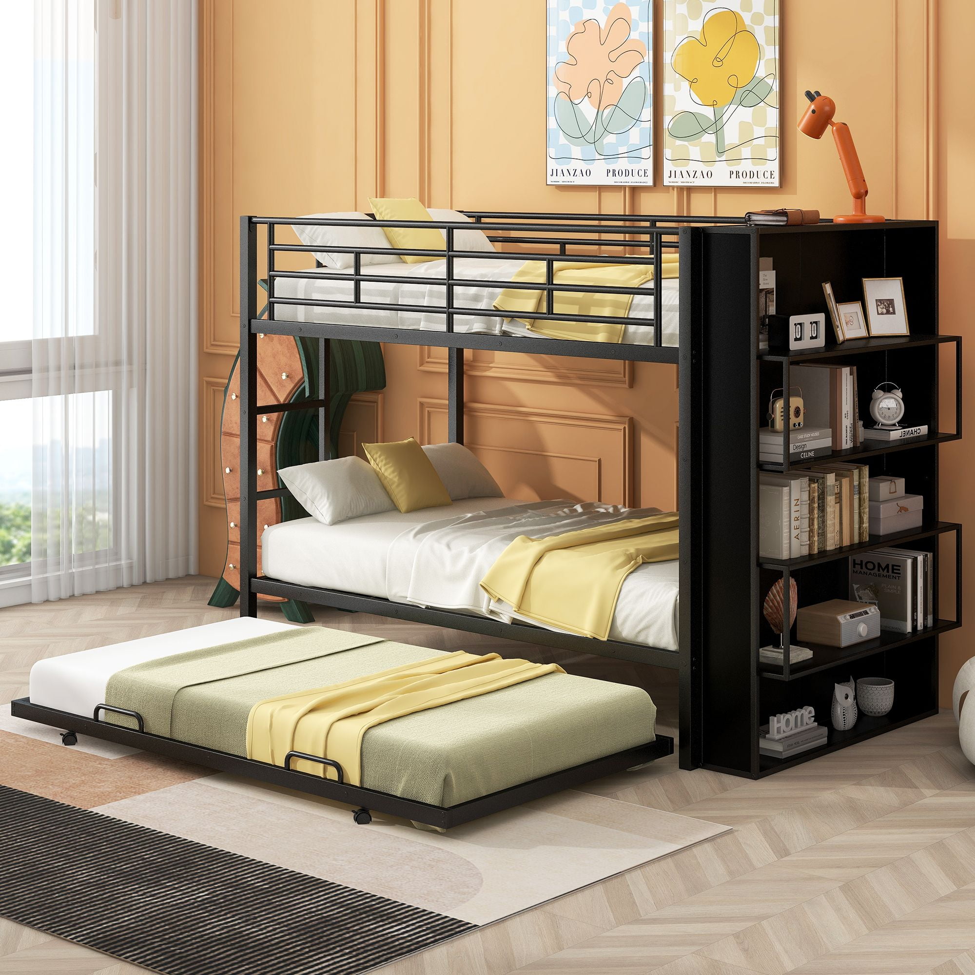 Bunk Bed Twin Over Twin with Big Bookshelf, Metal Bunk Bed with Built ...