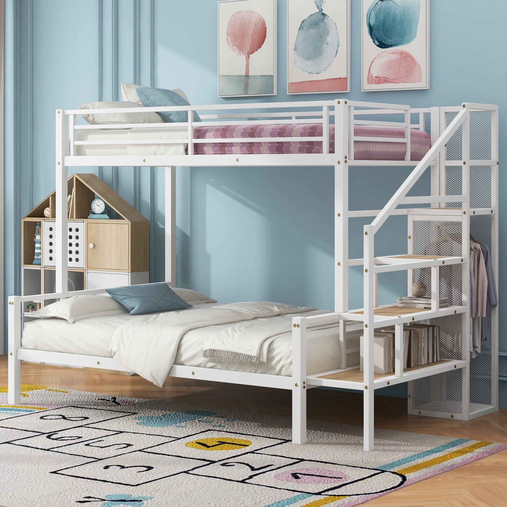 Bunk Bed Twin Over Full, Metal Bunkbed Frames with Storage Stairs, Wire ...