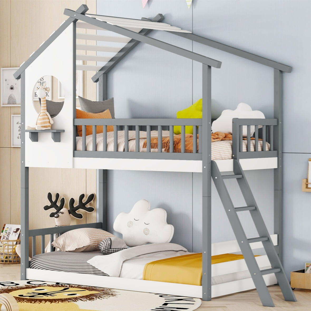 Bunk Bed Twin Over Twin with Ladder and Roof, Playhouse-inspired Style ...