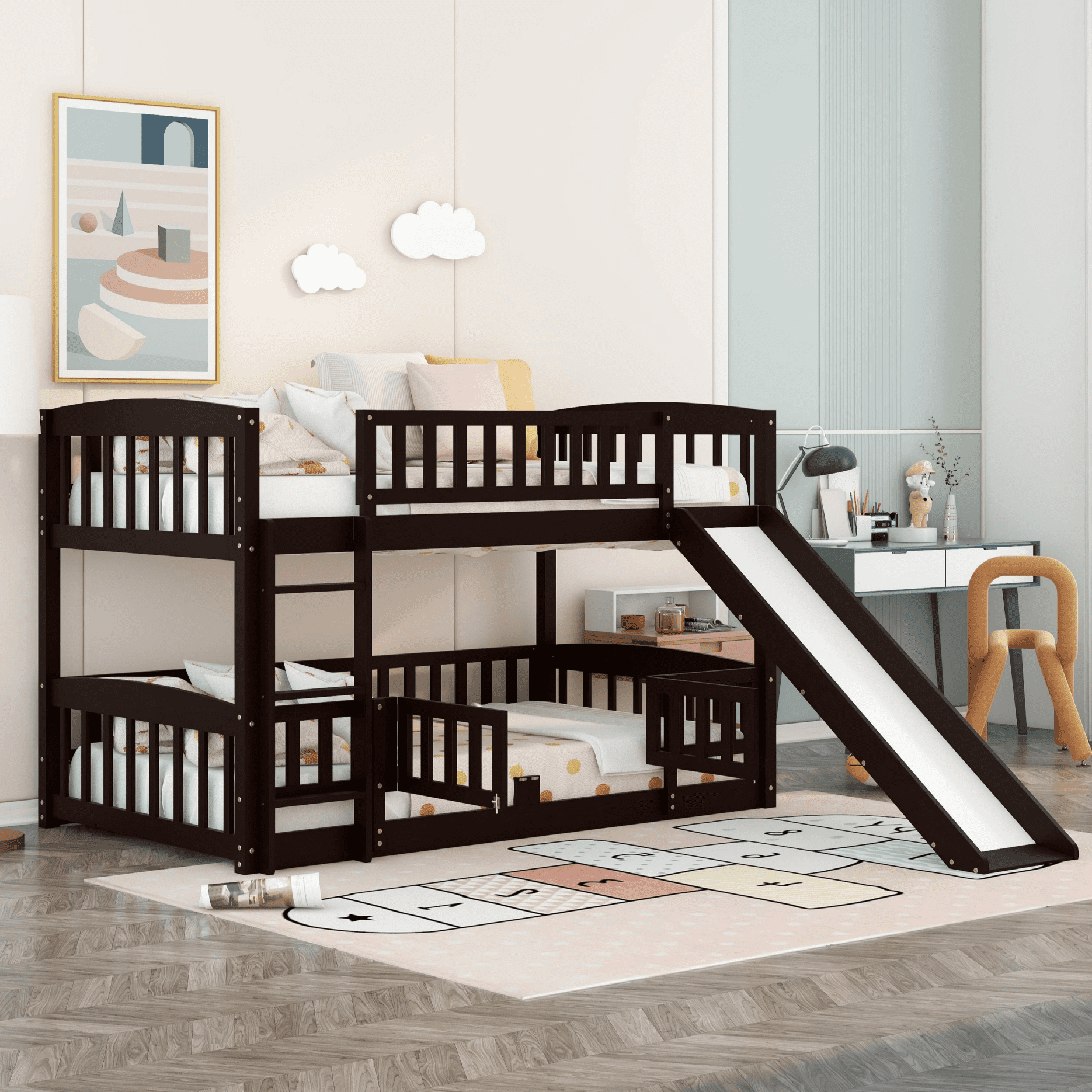 Bunk Bed Twin Over Twin with Slide, Twin Bunk Beds with Safety Fence ...
