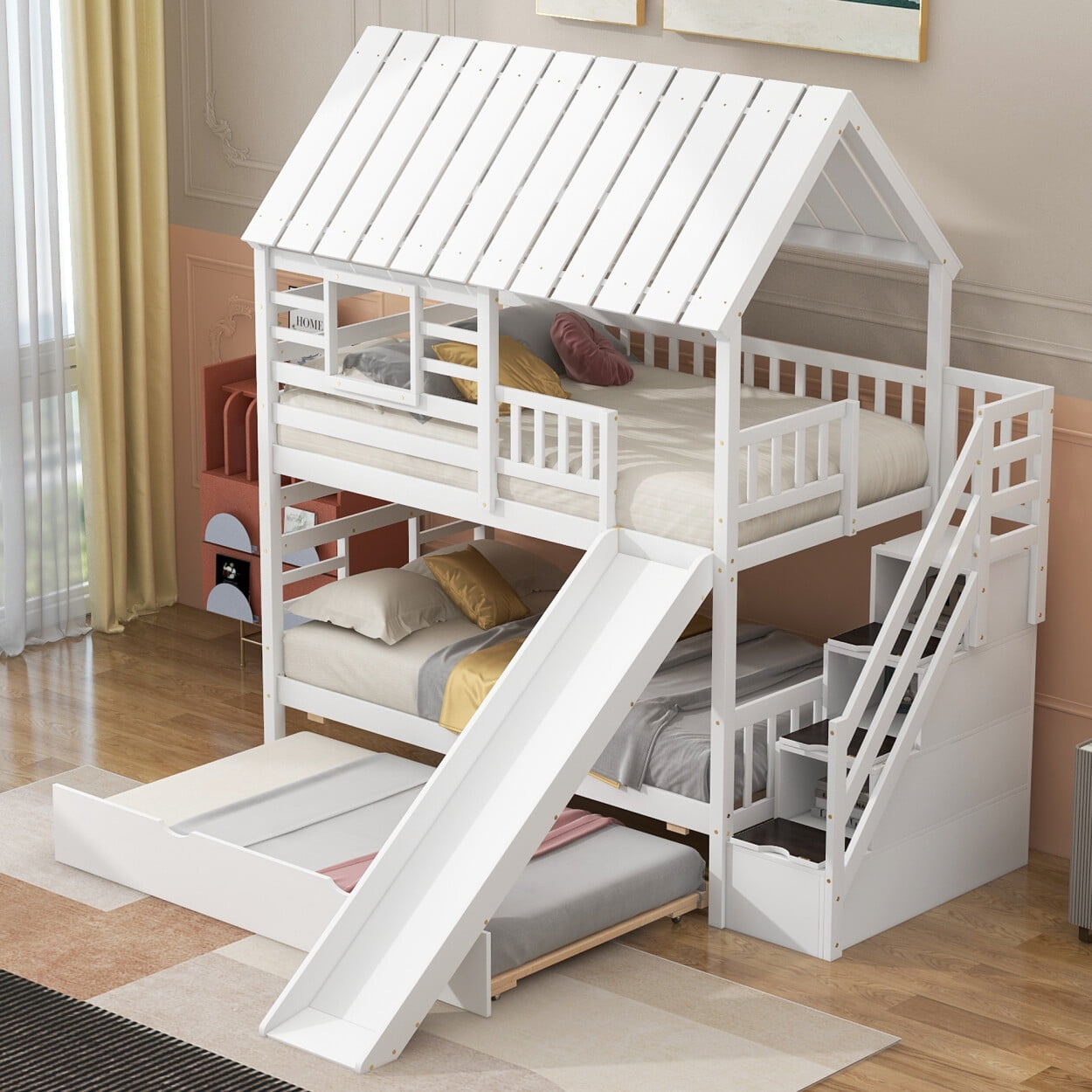 Bunk Bed Twin Over Twin with Slide, Twin Bunk Beds with Trundle and ...