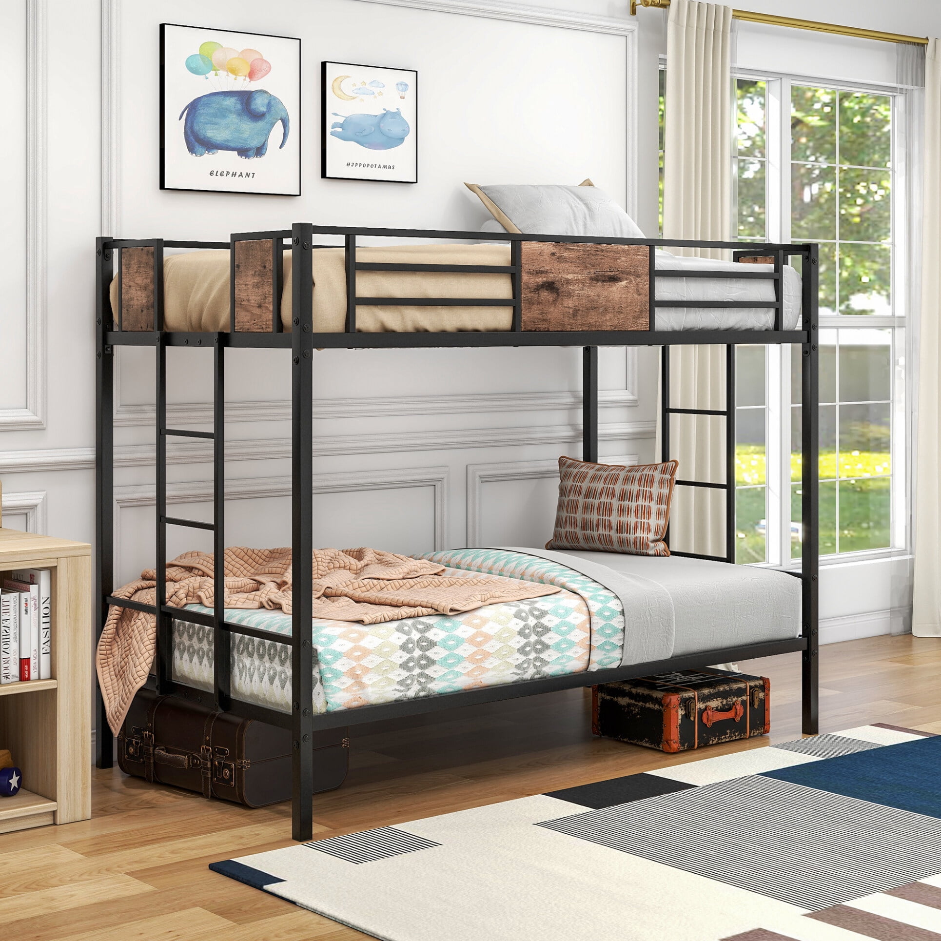 Bunk Bed Twin Over Twin, Metal Bunk Bed with with 2 Built-in Ladders ...