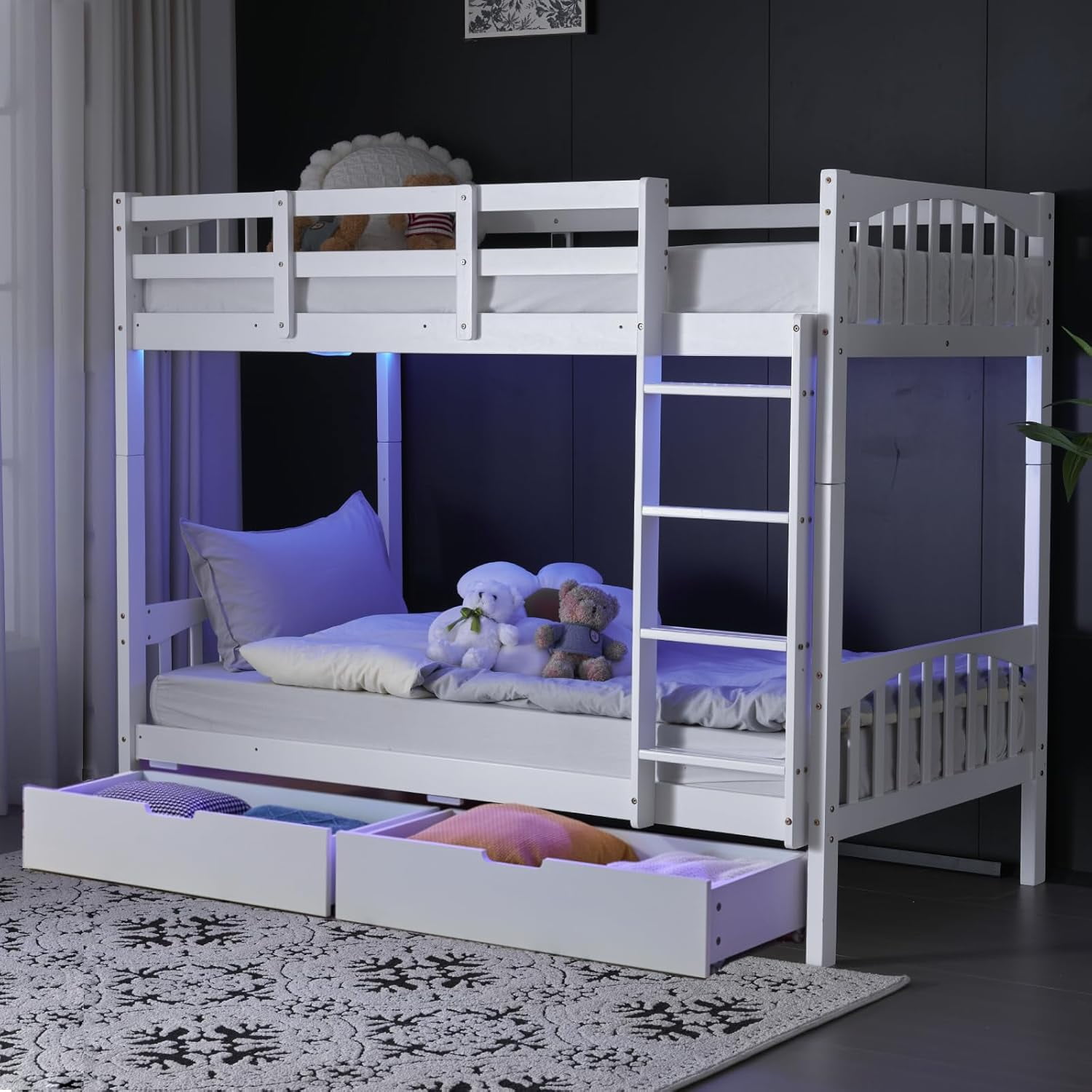 Bunk Bed Twin Over Twin with 2 Storage Drawers/RGB LED/Charging Station ...