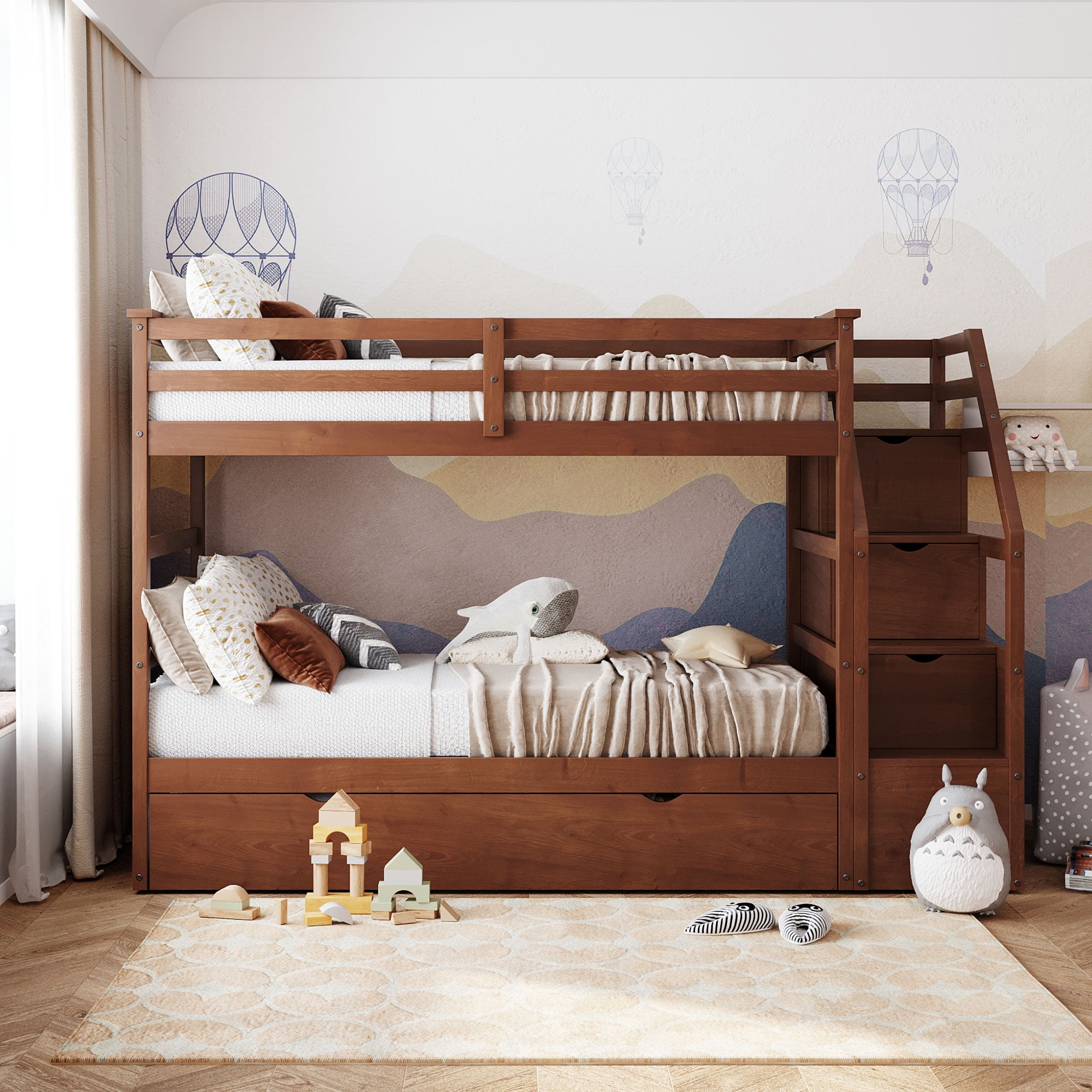 Bunk Bed with Twin Trundle Bed, Solid Wood Twin Over Twin Bunk Bed ...
