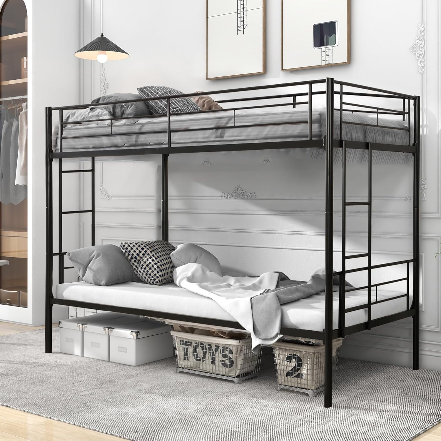 Bunk Bed Twin Over Twin Metal Bunk Bed w/Full-Length Guardrail & Side ...
