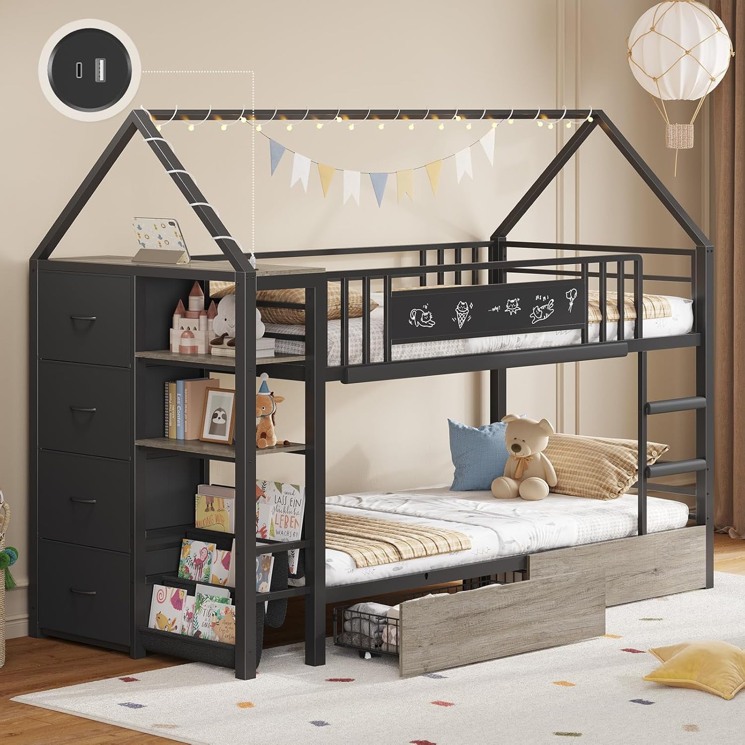 Bunk Bed Twin Over Twin Size Loft Bed with Globe String Lights and 6 ...