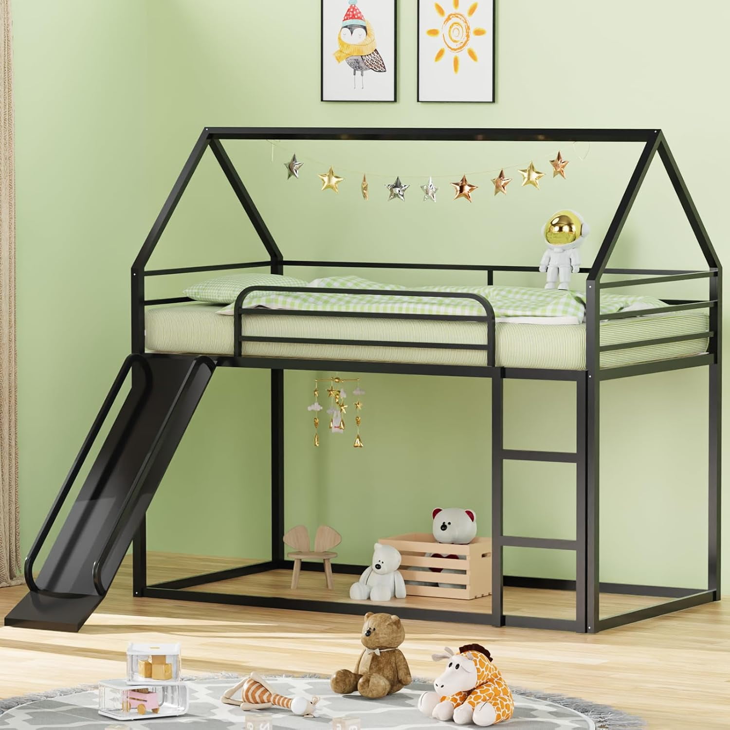 Bunk Bed Twin Over Twin with Slide and Ladder, Metal Floor Bunk Bed ...