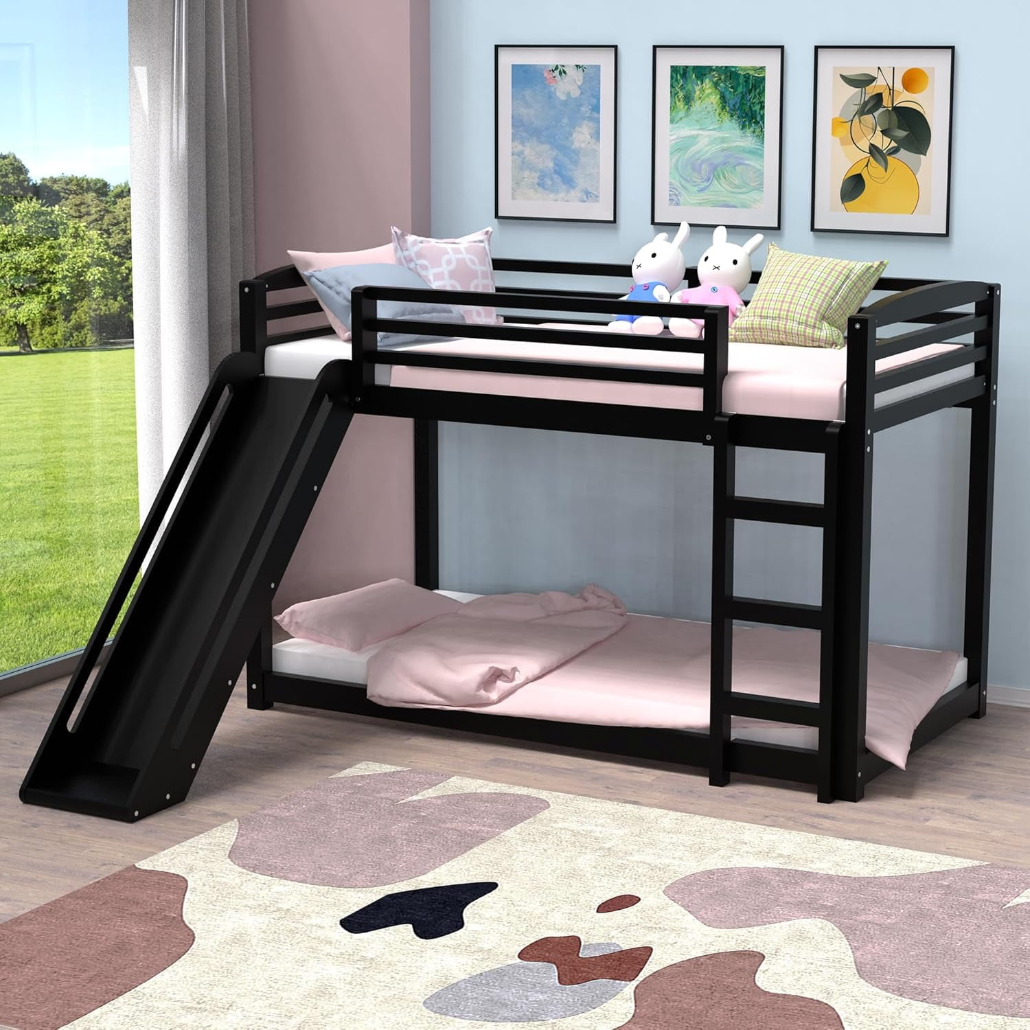 Bunk Bed Twin Over Twin Solid Wood Low Bunk Bed with Ladder and Safety ...