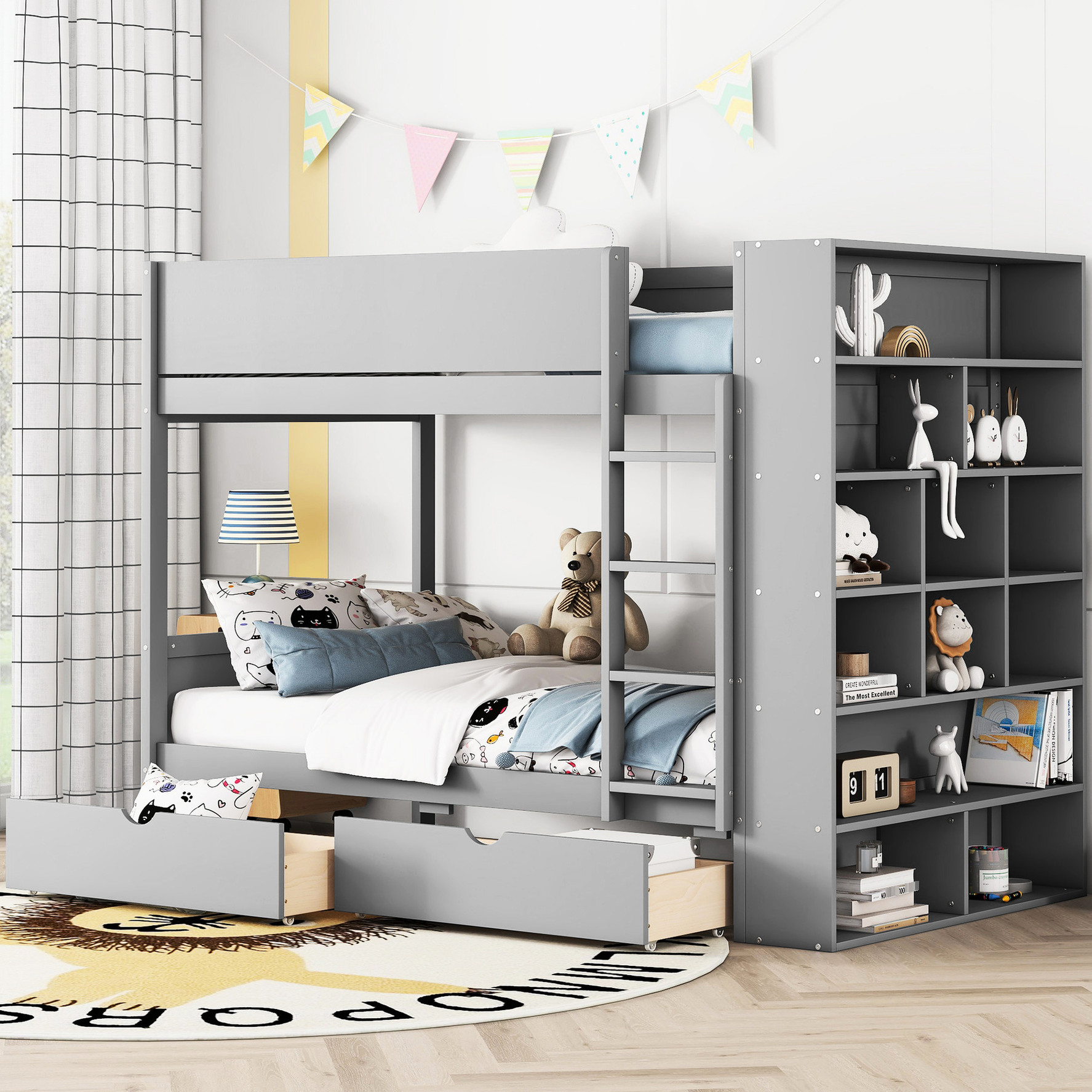 Bunk Bed (Twin over Twin) / Gray Finish, 14 + 14 Slats / Offers Extra ...