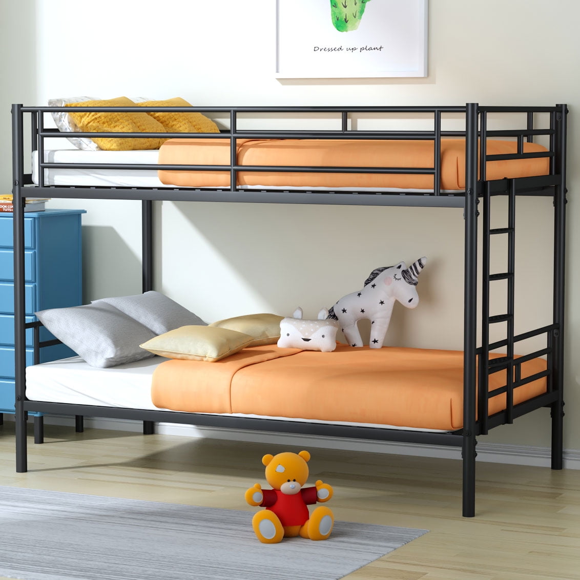 GODEER Black Twin over Twin Metal Bunk Beds, Full-Length Guardrail ...