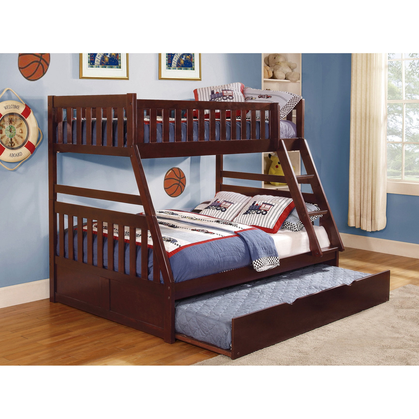 Bunk Bed / With Top Bunk Guard Rails, Ladder, Trundle Bed, Pine Wood ...