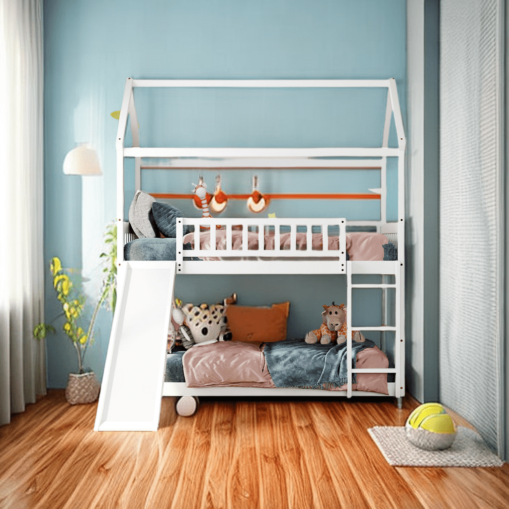 Bunk Bed with Slide, Wood Twin Over Twin Bunk Bed Frame, Twin Size ...