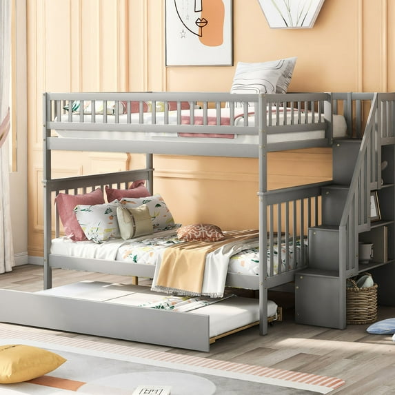 Bunk Bed with Staircase and Shelves / Full Size, Gray Color, Slat Kits ...