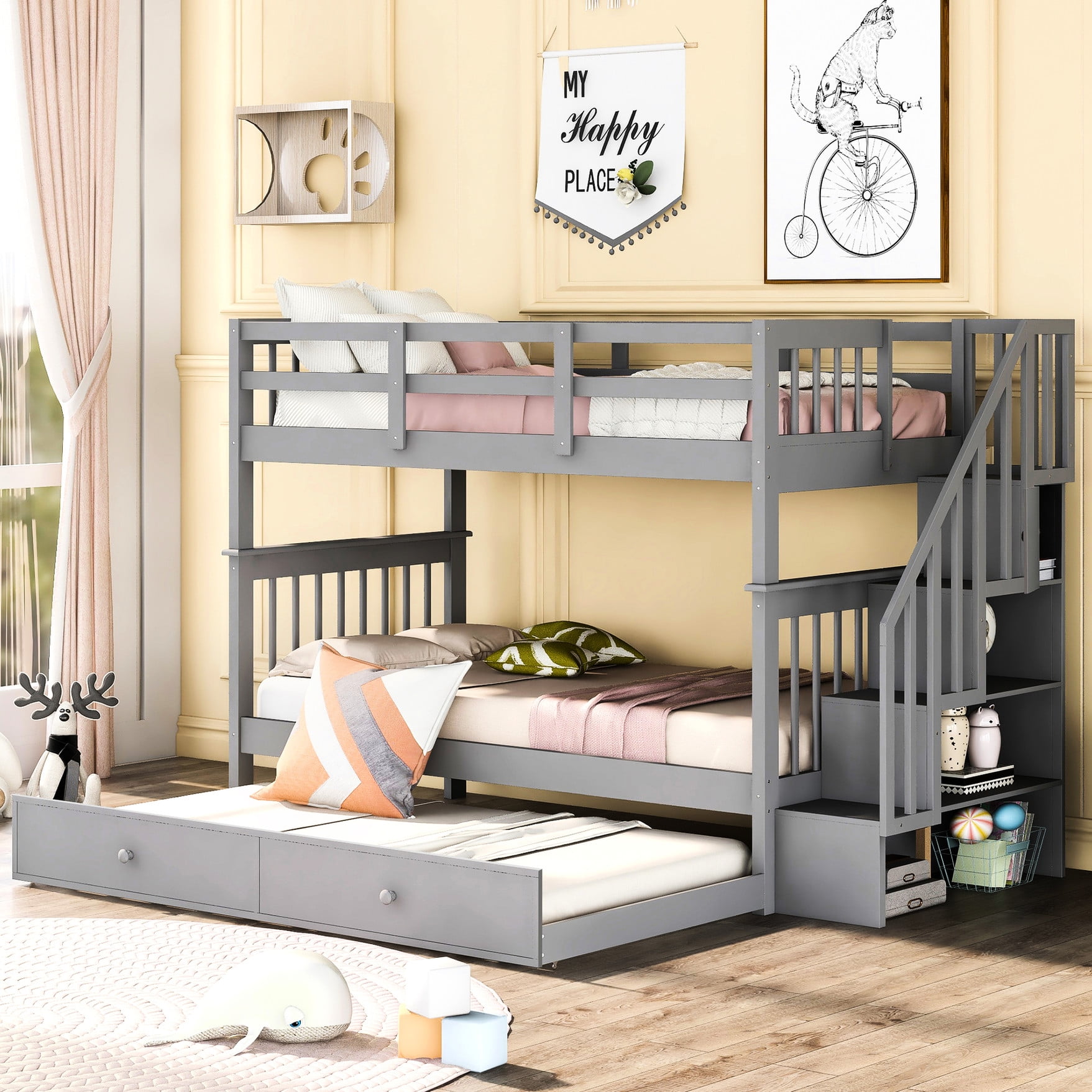 Bunk Bed with Trundle / Four-Step Staircase, Easy Bed Sheet Changing ...