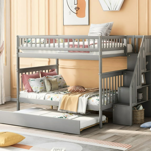 Bunk Bed with Trundle and Staircase / Full Size, Gray Finish, Built ...