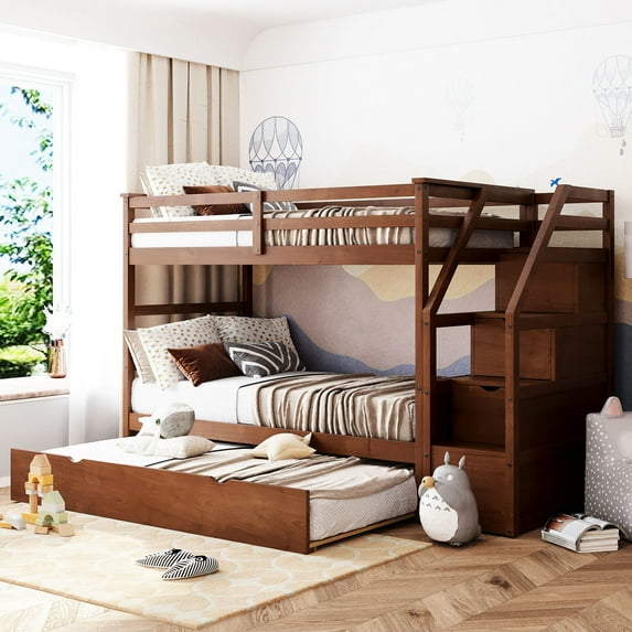 Bunk Bed with Trundle and Stairs / Twin Size, Wheels for Trundle ...