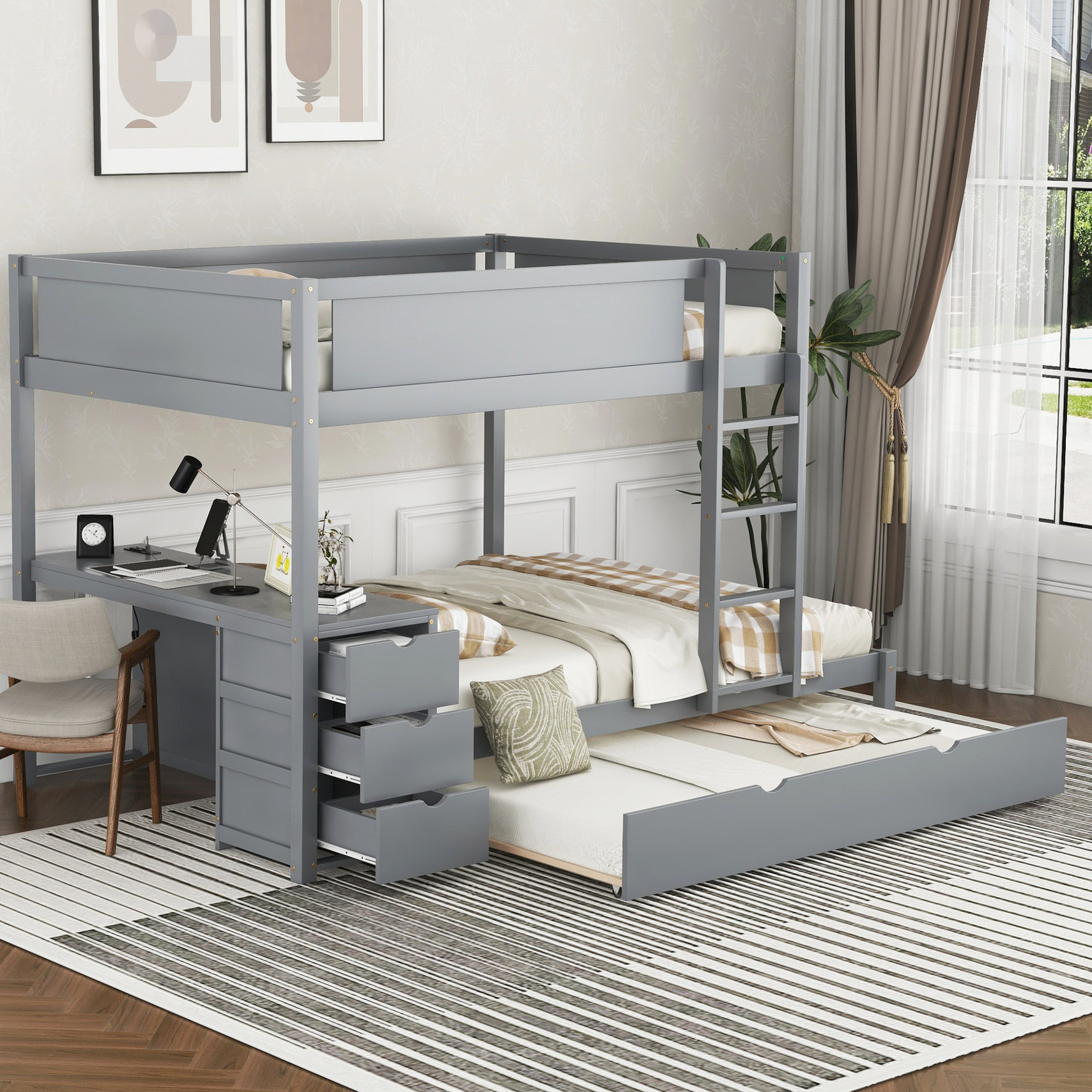 Bunk Bed with Twin Trundle and Solid Pine Legs / Ensure Family Safety ...