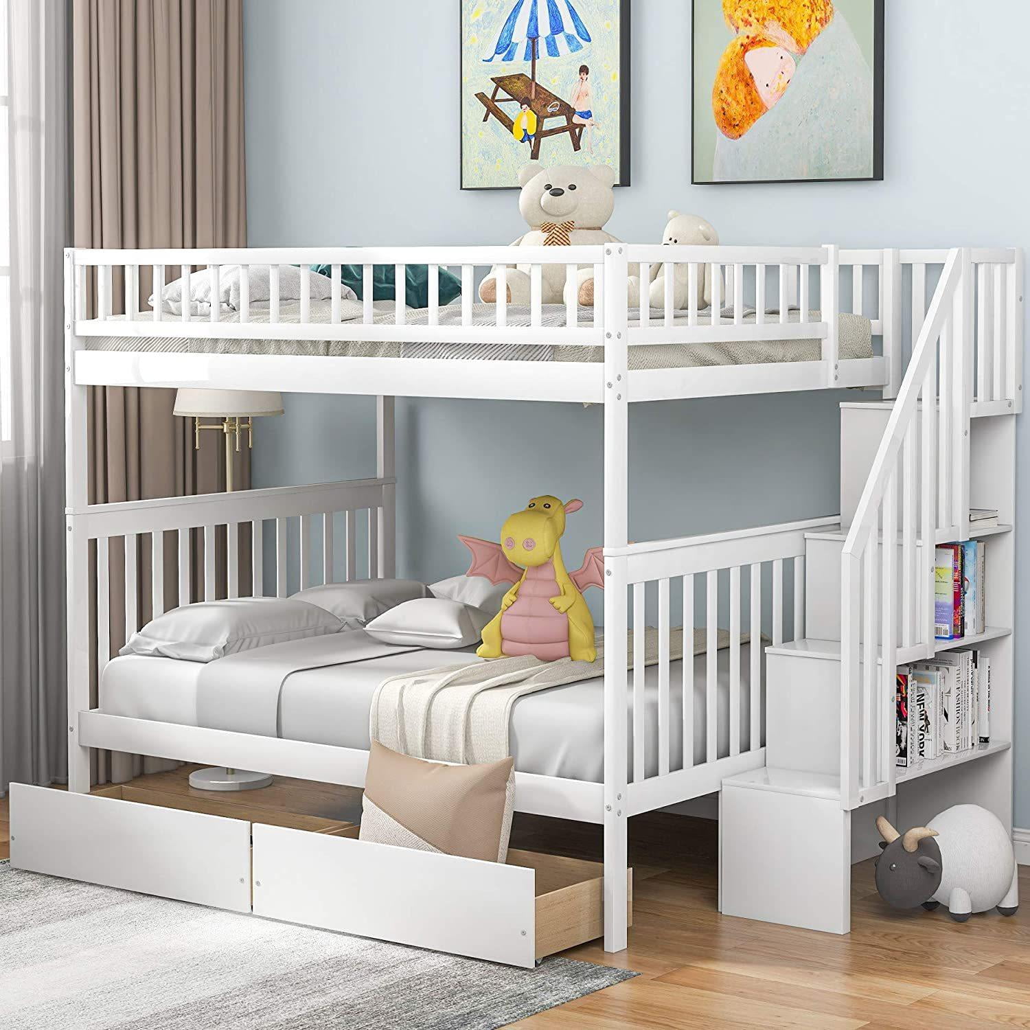 Bunk Beds Full Over Full Size, Solid Wood Full Bunk Beds with Drawers ...