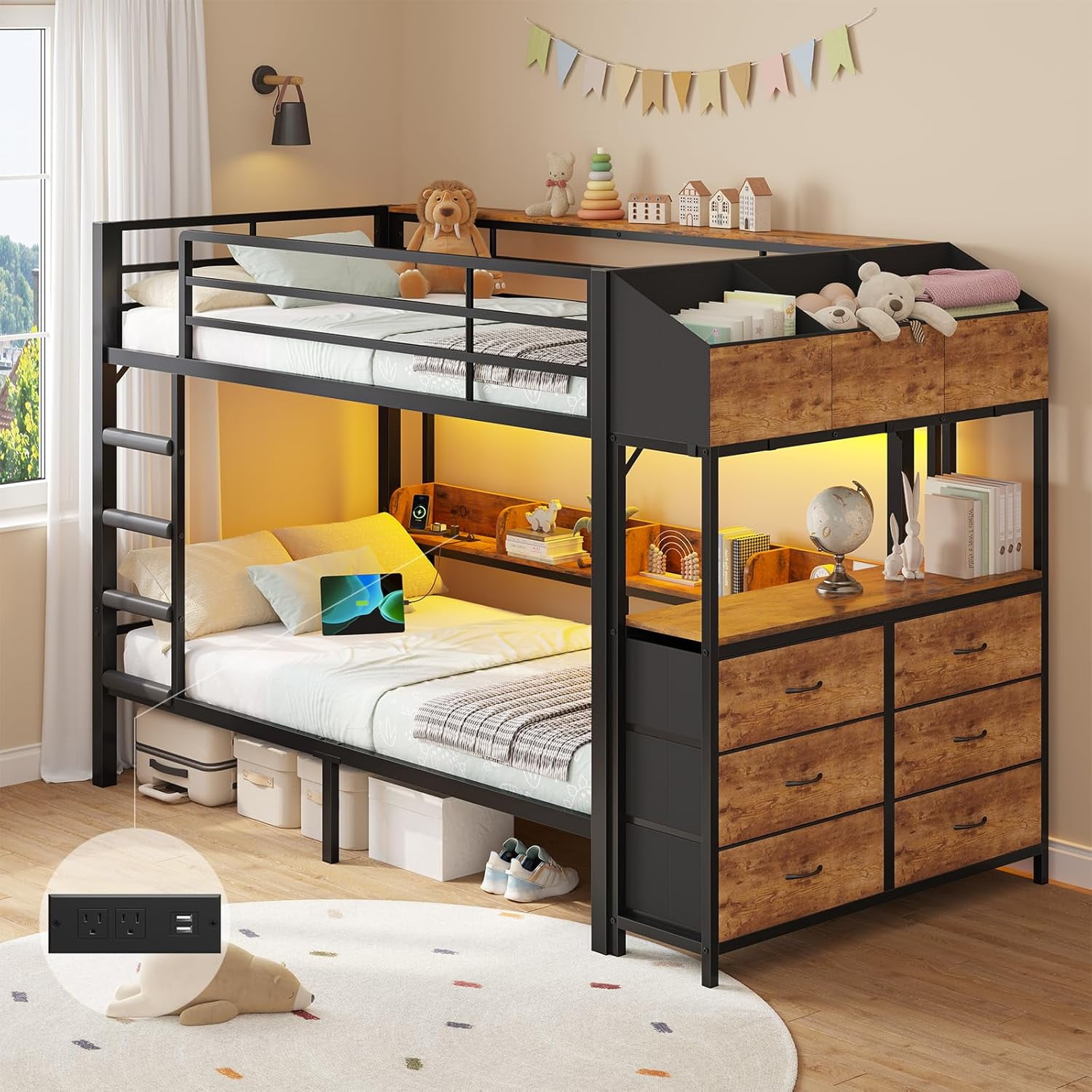 Bunk Beds Twin Over Twin with 6 Storage Drawers & LED Lights & Charging ...