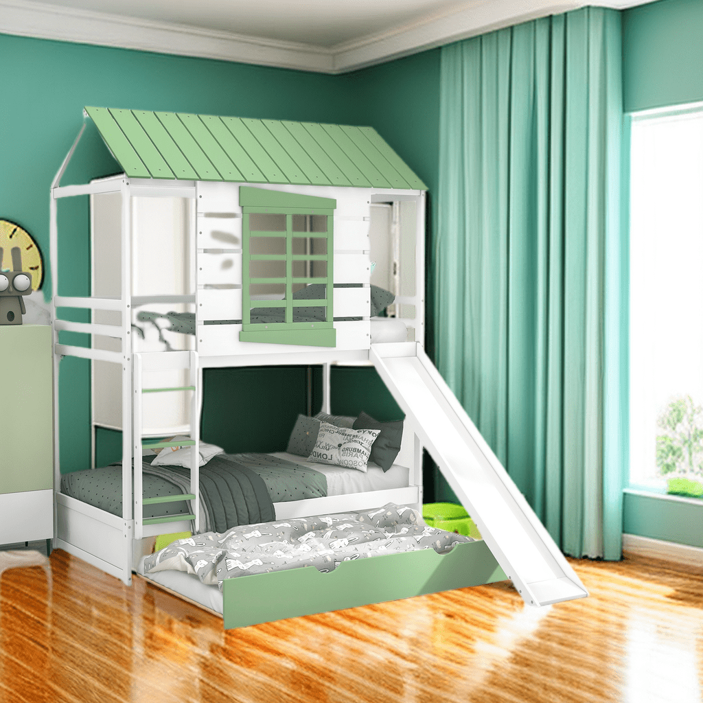 Bunk Beds with Slide, Twin Over Twin Size House Bunk Bed with ...