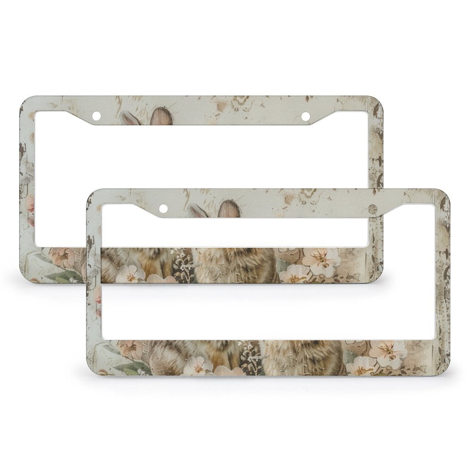 Bunnies And Flowers Watercolor Art License Plate Frame 2 PCS Floral ...