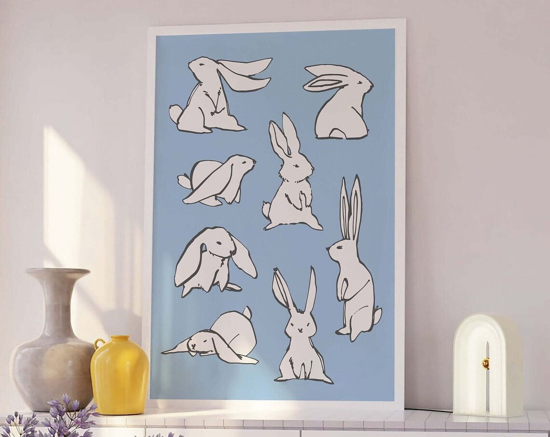 Bunnies Sketch Print, Art, Cute Rabbit Art Print, Blue Wall Art, Trendy ...