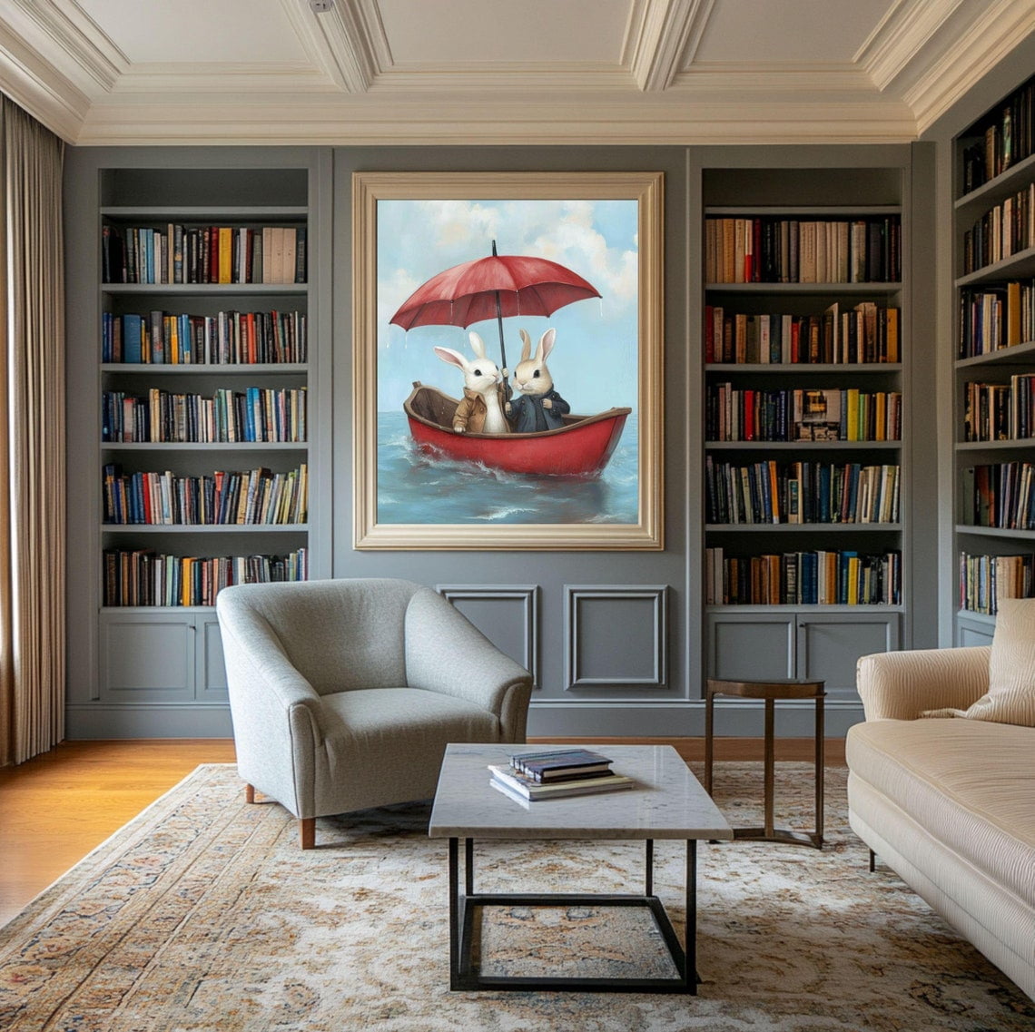 Bunnies in A Boat Bunnies Cute Rabbits Bunnies with Umbrella Poster ...
