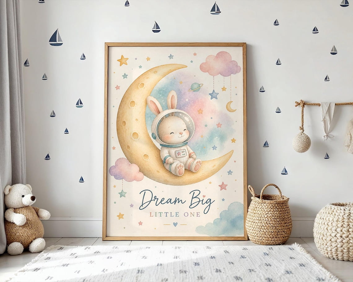 Bunny Astronaut Moon Watercolor Celestial Baby Poster Unframed Paper ...