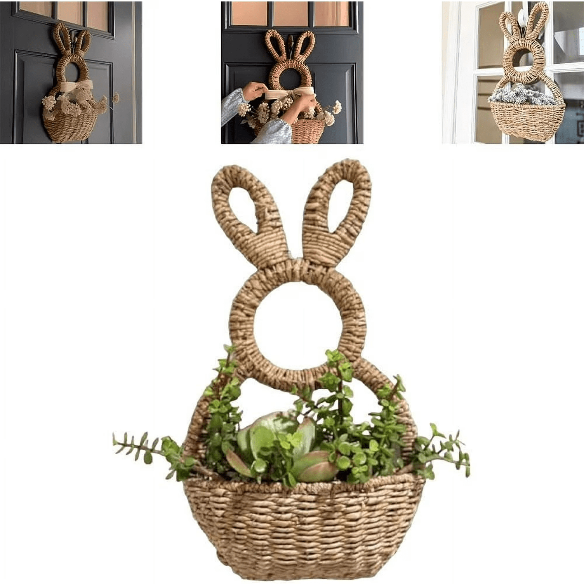 Bunny Basket Hanging Wall Pocket Spring Decor - Hand Woven Wicker ...