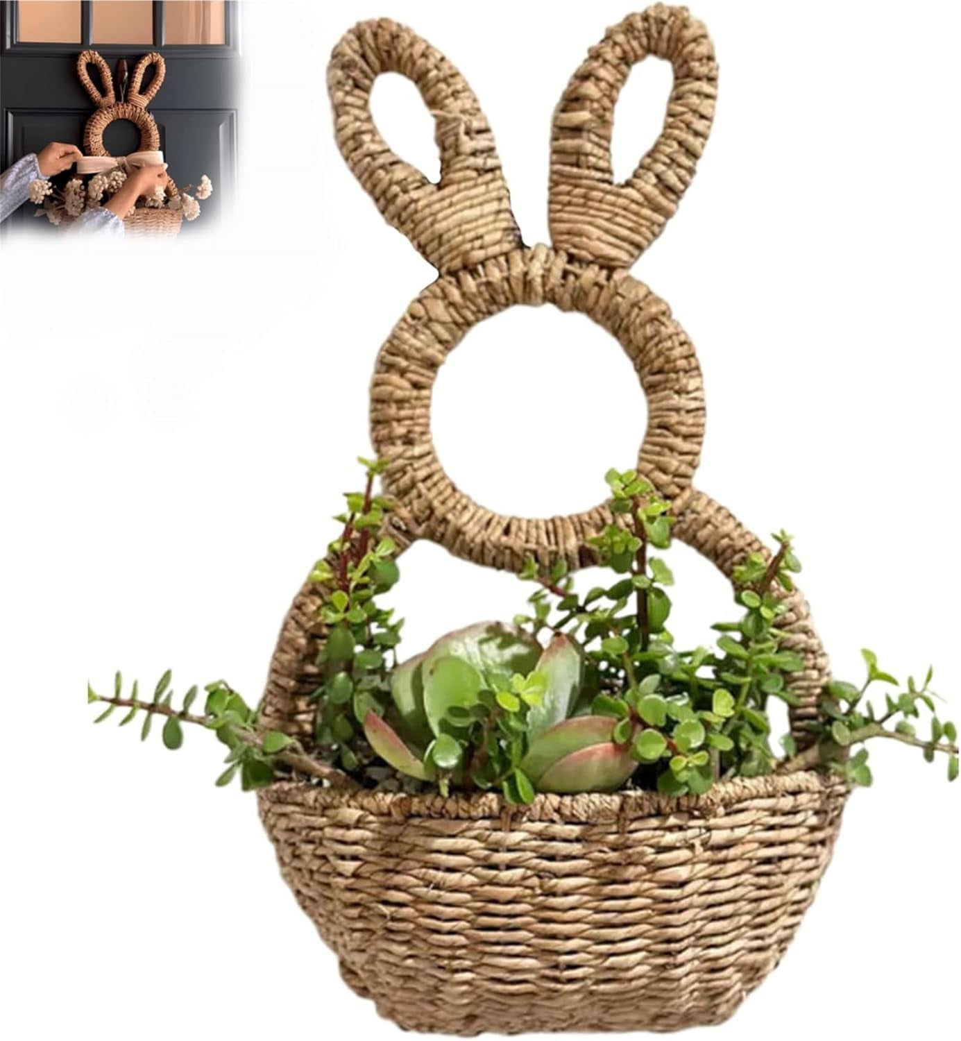Bunny Basket Hanging Wall Pocket Spring Decor, Wicker Bunny Wreath ...