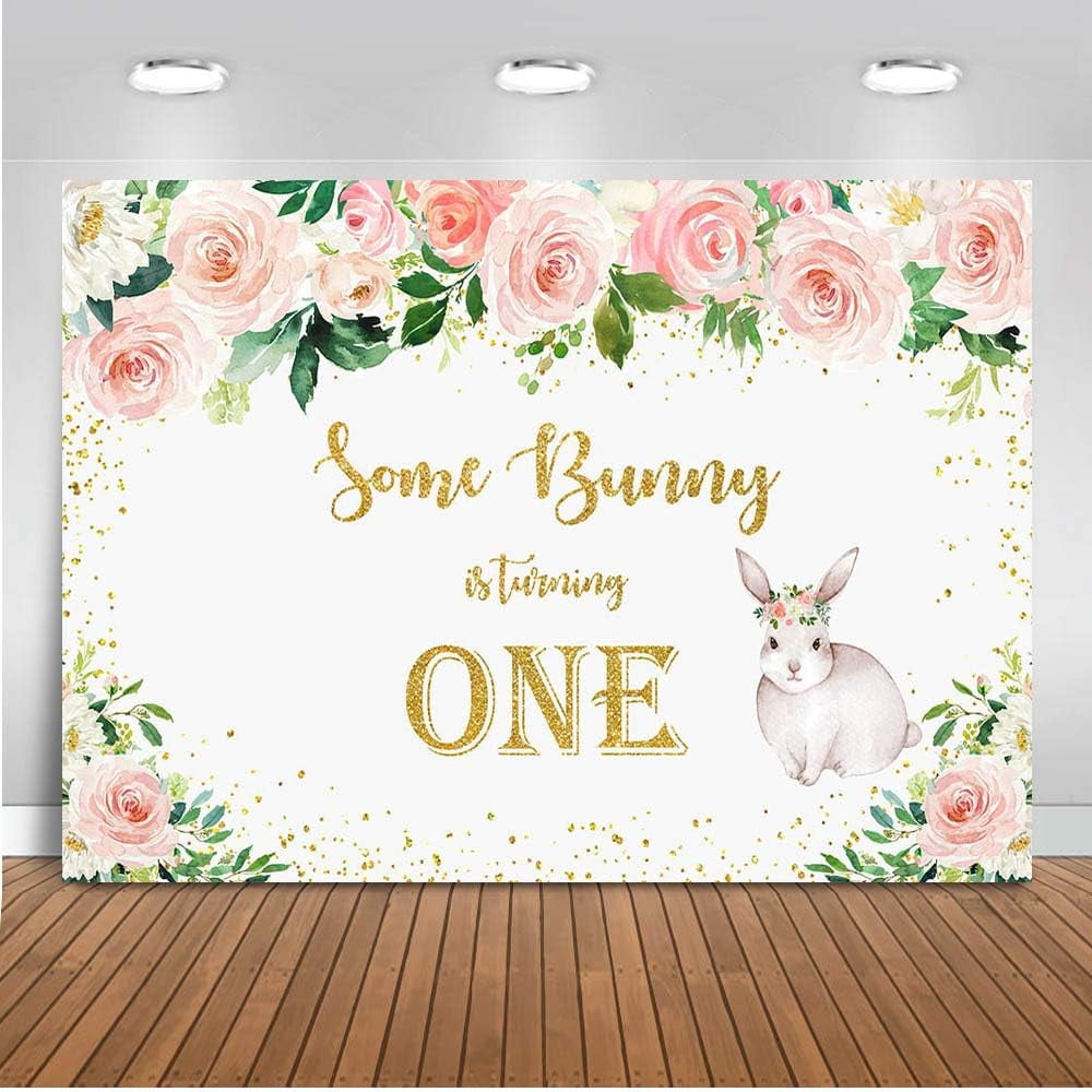 Bunny Birthday Backdrop Blush Pink Rose Easter Happy 1st Birthday Photo ...