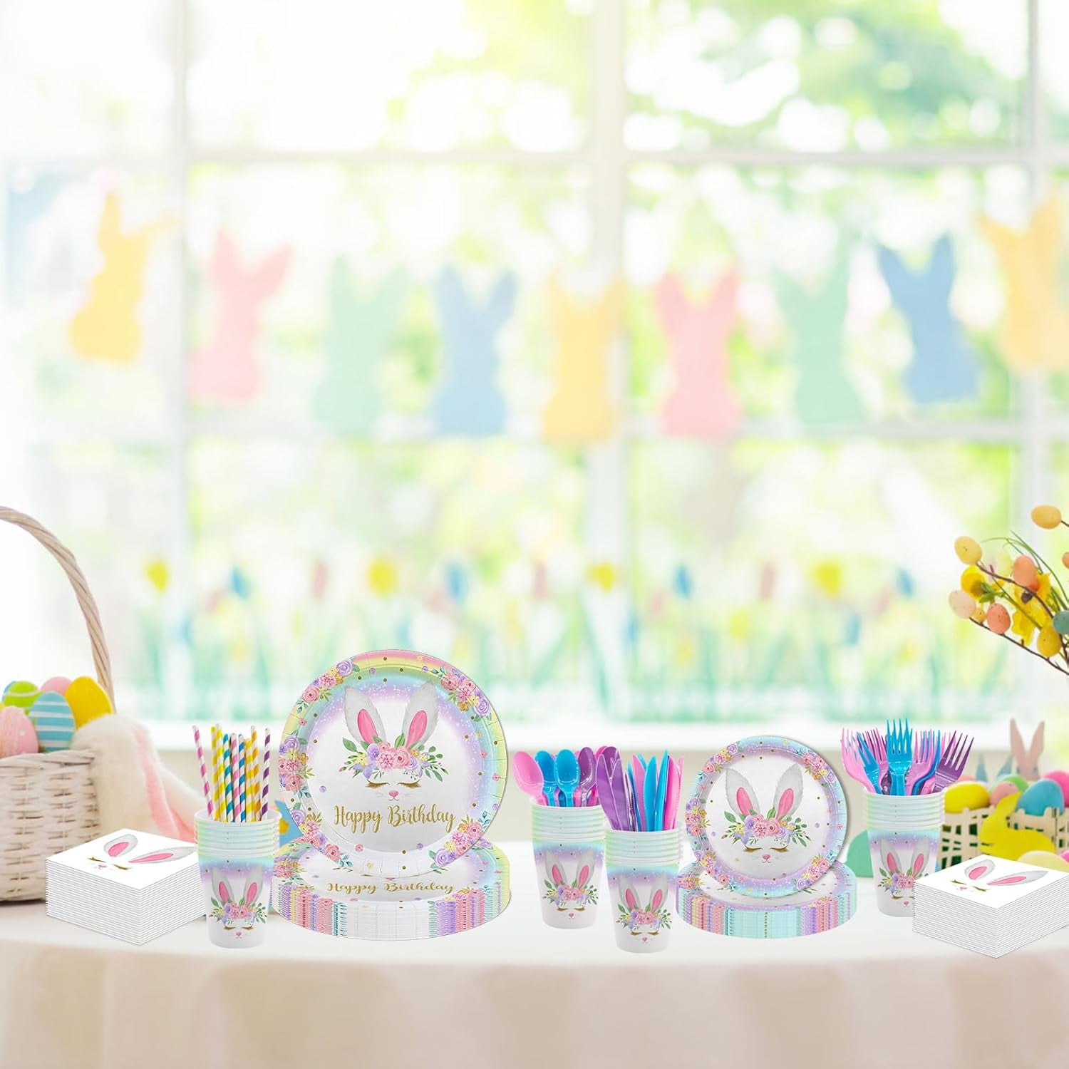 Bunny Birthday Decorations Plates and Napkins Set Rainbow Bunny ...