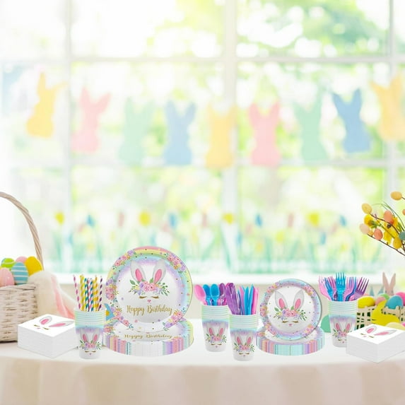 Bunny Birthday Decorations Plates and Napkins Set Rainbow Bunny ...